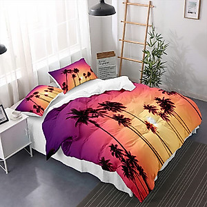 Jingzhang Ocean Duvet Cover Set 3Pcs Sunset Palm Trees Silhouette Bedding Sets with Zipper Dreamy Dusk Exotic Ocean Scenery Quilt Cover with 2 Pillow Shams,Queen Size