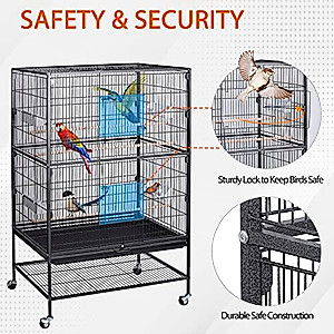 SUPER DEAL 52 Inch Rolling Bird Cage Large Wrought Iron Cage for Cockatiel Sun Conure Parakeet Finch Budgie Lovebird Canary Medium Pet House with Rolling Stand & Storage Shelf