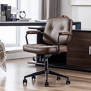 LukeAlon Adjustable Pu Leather Home Office Chair, Comfy 360° Swivel Task Chair with Armrest Modern Thickened Seat Desk Chair Tiltable Computer Chair with Buttons & Wheels, Brown