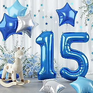 40 Inch Dark Blue Number Balloons 15, Large Royal Light Blue 15 Helium Foil Mylar Balloon, Globos Azules Self Inflating Silver Star Number 15 Balloon for Boys 15th Birthday Party Graduation Decoration