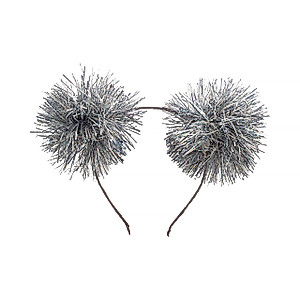 LUX ACCESSORIES Foil Strips Pom Poms Style Cat Ears Fashion Headband (SILVER)