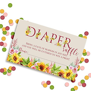 Amanda Creation Watercolor Sunflower & Peony Floral Spring Diaper Raffle Tickets for Baby Showers, 20 2" X 3” Double Sided Inserts, Bring a Pack of Diapers to Win Favors & Priz