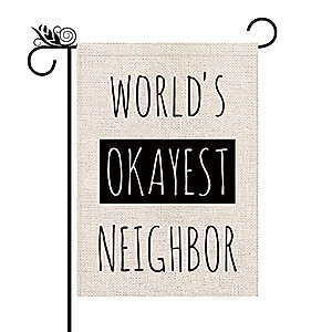 Funny Garden Flag World's Okayest Neighbor Vertical Double Sided Outdoor Indoor Decor Holiday Burlap Yard Sign Flags 12.5 x 18 Inch