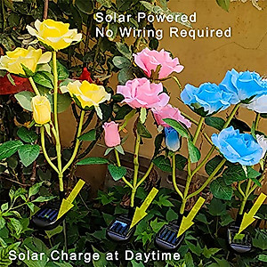 Thafikzi Solar Garden Stake Lights, 2 Pack Outdoor Solar Powered Rose LED Lights with 4 Rose Flowers, White Light Waterproof Solar Decorative LED Lights for Garden, Patio, Backyard (Yellow)