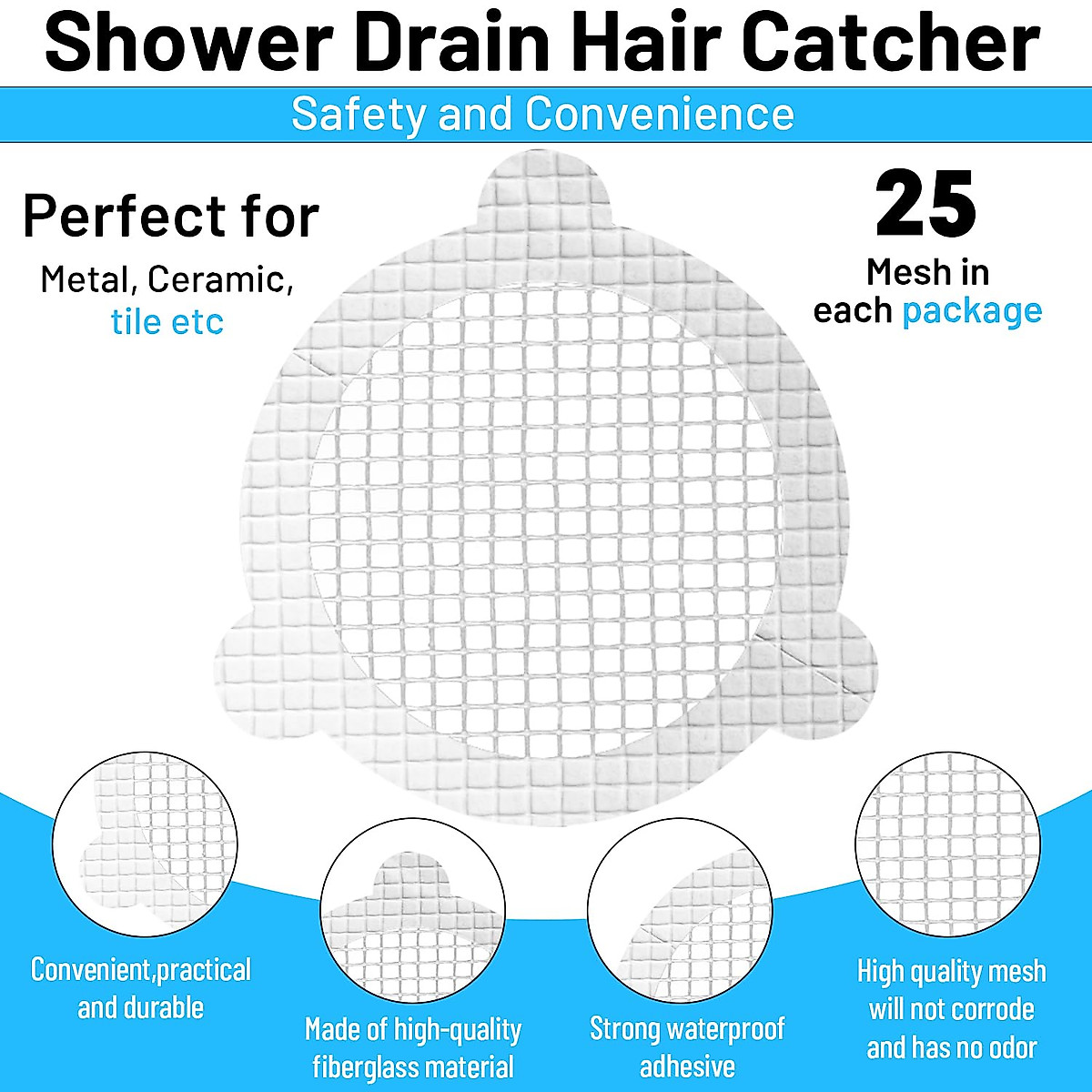 AMAZOPEN Disposable Hair Drain Stickers (25 Packs) 3.94 Inches Round Disposable Hair Catcher & Drain Covers | Round Mesh Disposable Shower Drain Hair Catcher for Bathroom, Bathtub & Kitchen