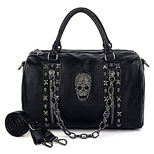 FiveloveTwo Women Skull Chain Handbag and Purse Gothic Rivet Tote Satchel Shoulder Bag Black
