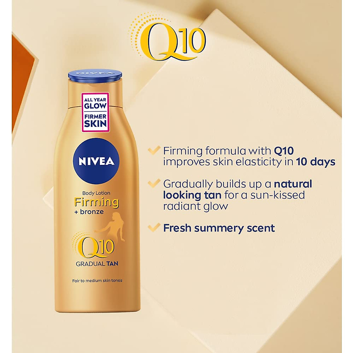 NIVEA Q10 Firming Plus Radiance Gradual Tan (400 ml), Tan Activating Firming Cream with Q10, Supports a Gradual Tan, Tanning Moisturiser for a Sun-Kissed Radiant Glow