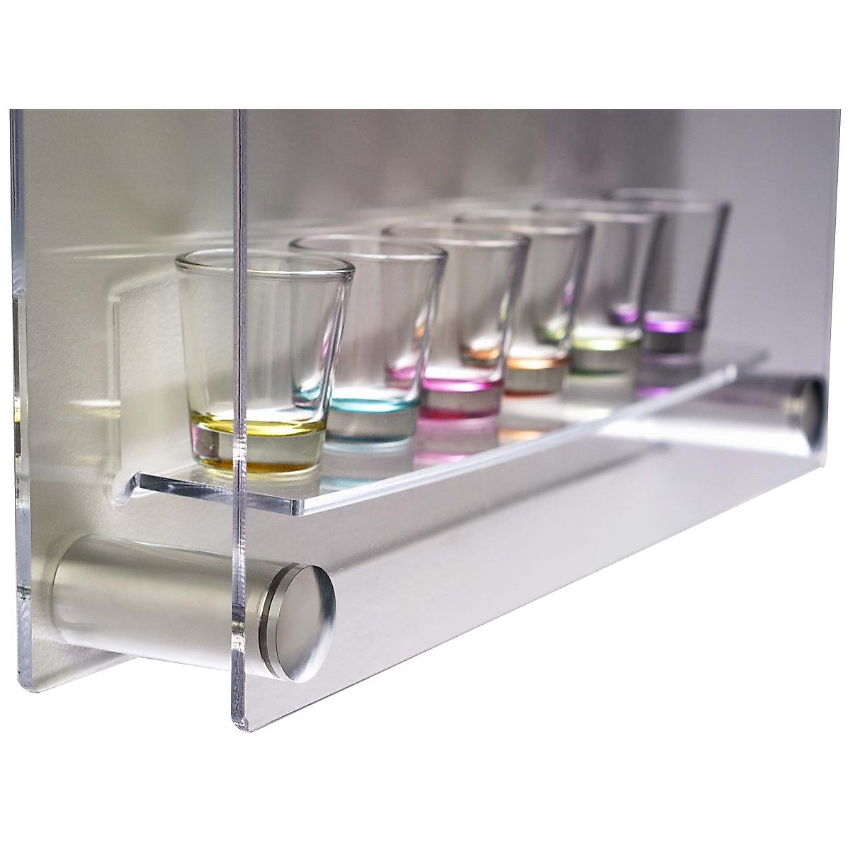 24 Shot Glass Display Case Holder, Side Loading, Transparent Acrylic with 4 Shelves, Includes Silver Standoffs for Wall Mounting