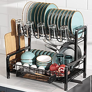 BOOSINY Dish Drying Rack and Drainboard Set for Kitchen Counter, 2 Tier Large Stainless Steel Sink Organizer Dish Racks with Cups Holder, Utensil Holder, Dish Strainer Shelf (Black)