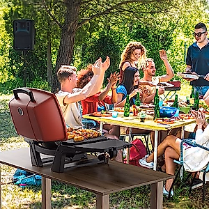 Portable Propane Gas Grill, 2-Burner Portable Gas Grill Small Tabletop Gas Grill, 24000BTU BBQ Outdoor Griddle Gas Grill with Removable Side Tables, Thermometer, Regulator, Gas Hose, Red