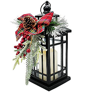 Christmas Decorative Lantern w/LED Flickering Flameless Candle - 14 Inch, Antiqued Vintage Lantern with Xmas Ornament for Outside Indoor Table Holiday Party Decoration
