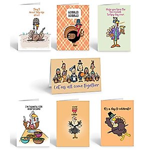 Stonehouse Collection Thanksgiving Cards (Funny Assortment) - Set of 14 Boxed Cards & White Envelopes, 4.5x6.25 Folded Greeting Card w/ 7 Unique Designs, Funny Thanksgiving Cards for Family & Friends
