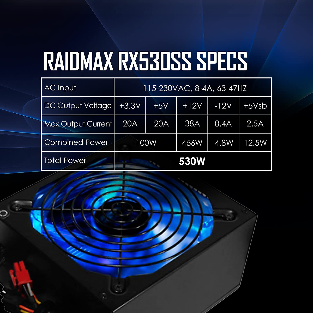 Raidmax Power Supply with Fan RX-530SS, Black/Blue