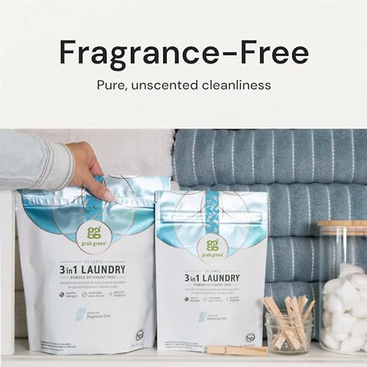 Grab Green 3-in-1 Laundry Detergent Pods, 60 Count, Fragrance Free, Plant and Mineral Based, Superior Cleaning Power, Stain Remover, Brightens Clothes