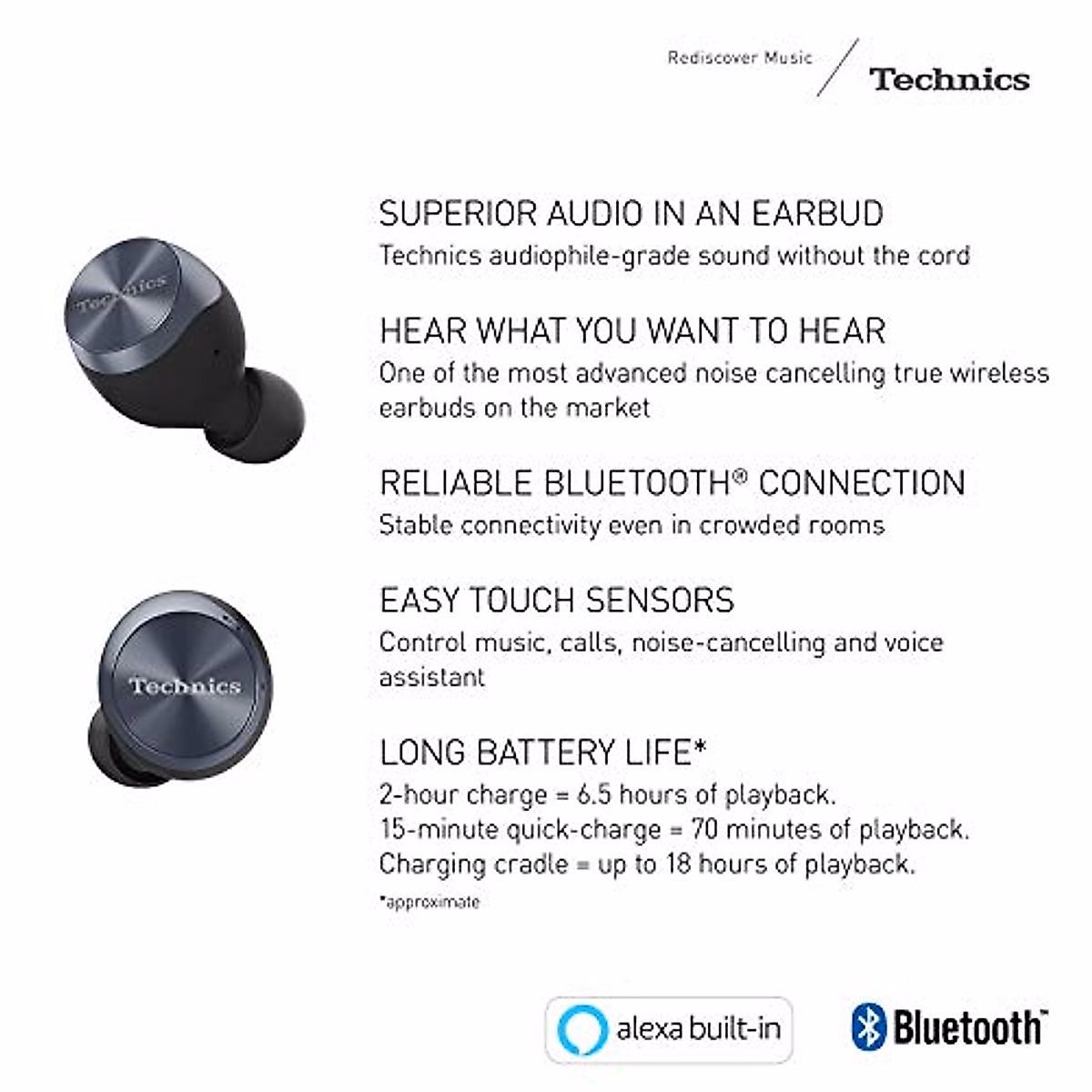 Technics True Wireless Earbuds | Bluetooth Earbuds | Dual Hybrid Technology, Hi-Fi Sound, Compact Design | Alexa Compatible | (EAH-AZ70W-K), Black (Discontinued by Manufacturer)