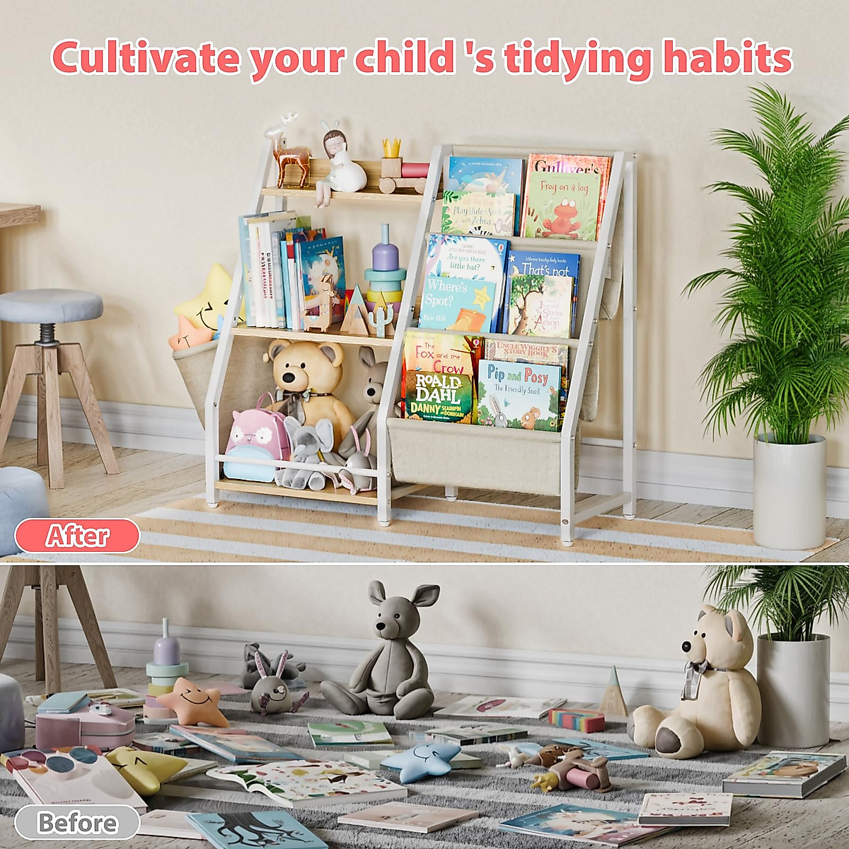 LATIBELL 3 Tier Kids Bookshelf and Toy Storage, Kids Book Sling Shelf, Montessori Baby Toddler Bookshelf for Kids, Kids Bookcase, Toy Storage Organizer, for Playroom, Bedroom, Nursery (Burlywood)