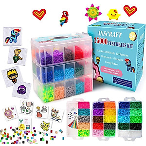Fuse Beads, 25,000 pcs Fuse Beads Kit 26 Colors 5MM, Including 127 Patterns, 4 Big Square Pegboards, 1 Heart Pegboards, 1 Flower Pegboards, Ironing Paper, Tweezers, Beads Compatible by INSCRAFT