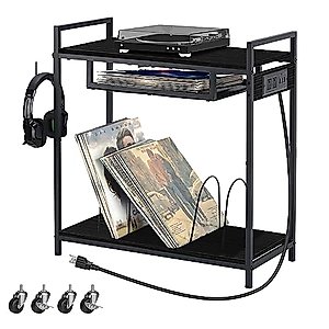 Black Record Player Stand Turntable Stand with Vinyl Storage Wooden Record Player Table with Charging Station 2 Tier End Table for Vinyl Records Album Holder Cabinet Record Shelf on Wheels
