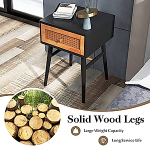 Giantex Rattan Nightstand Set of 2, Boho End Side Table with Rattan Decorated Storage Drawer & Solid Wood Legs, Mid-Century Modern Bedside Table for Bedroom Small Space, Easy Assembly, Black