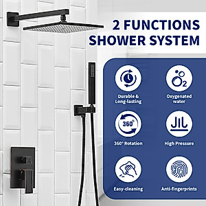 BWE Shower Faucet Oil Rubbed Bronze 12 Inch Square Bathroom Luxury Rain Mixer Shower Combo Set 2-Functions Wall Mounted Rainfall Shower Head System Rough-in Valve Body and Trim Included