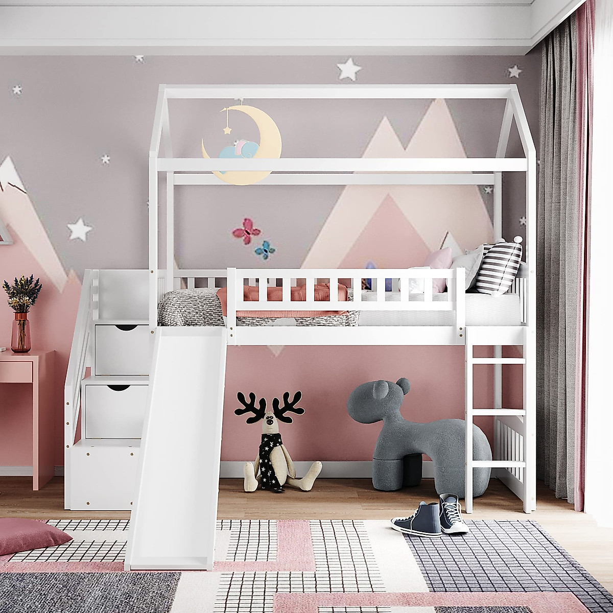 HABUHOME Twin Loft Bed with Stairway and Slide, House Bed with Two Drawers and Ladder, White
