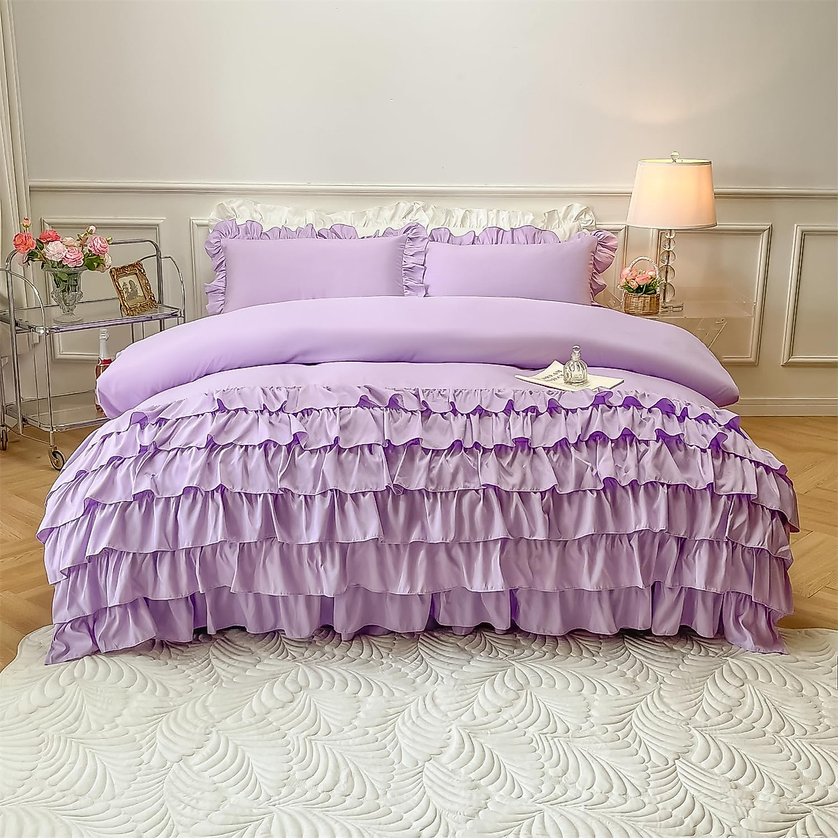 MOOWOO Girls Bedding,Waterfall Ruffle Duvet Cover -Twin 2 Piece Shabby Chic Bedding Solid Color Soft and Breathable with Zipper Closure,Corner Ties,Aesthetic Bedding-Purple,Twin