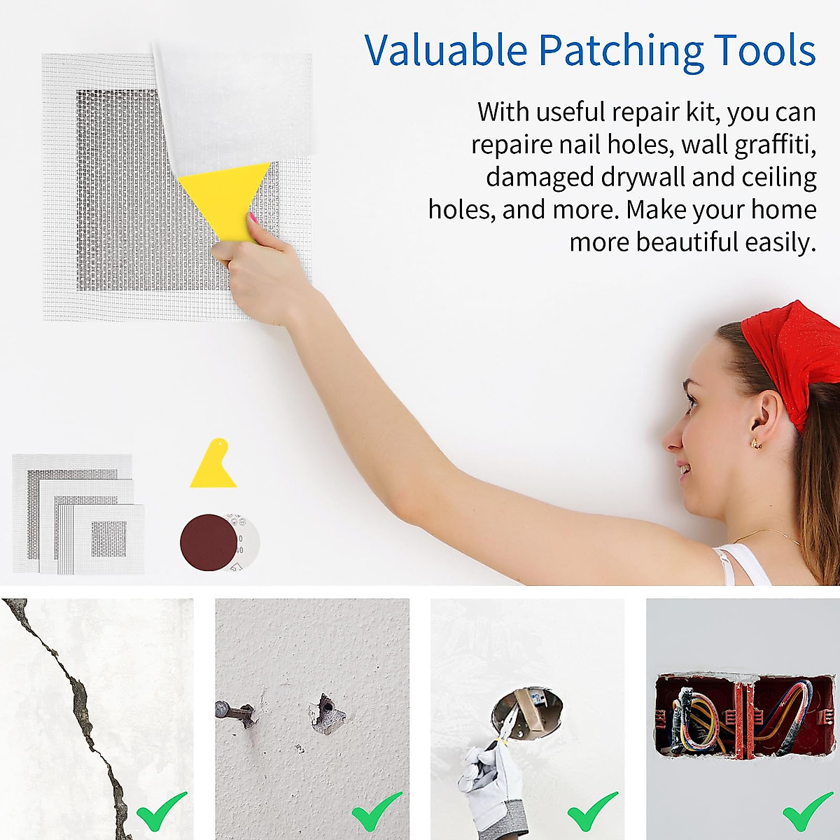 Drywall Repair Kit 10 PCS, 2/4/6 Inch Self-Adhesive Drywall Patch with Scraper and Sandpapers, Aluminum Wall Patch Repair Kit, Plasterboard Hole Repair Kit for Fixing Dry Wall Holes