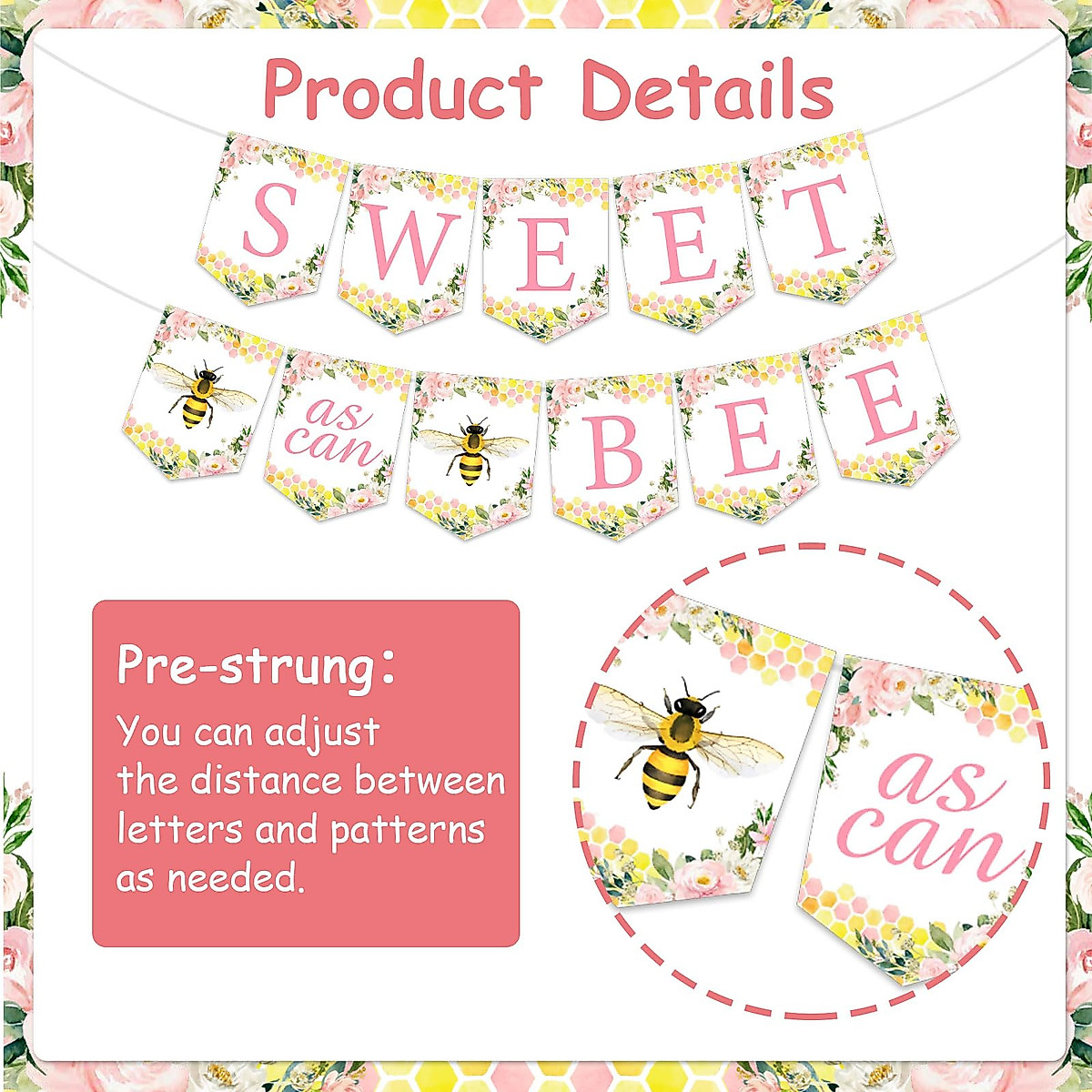 Sweet As Can Bee Banner Pink Bee Baby Shower Decorations for Girl Pre-Strung Honey Bee Banner for Bumble Bee Baby Shower Bridal Shower Sweet As Can Bee Birthday Party Decorations