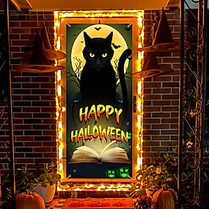 Halloween Black Cat Door Banner, Scary Cat Halloween Door Cover Halloween Door Decorations Trick or Treat Halloween Party Banner for Front Door Porch Halloween Party Supplies Horror Decor Backdrop
