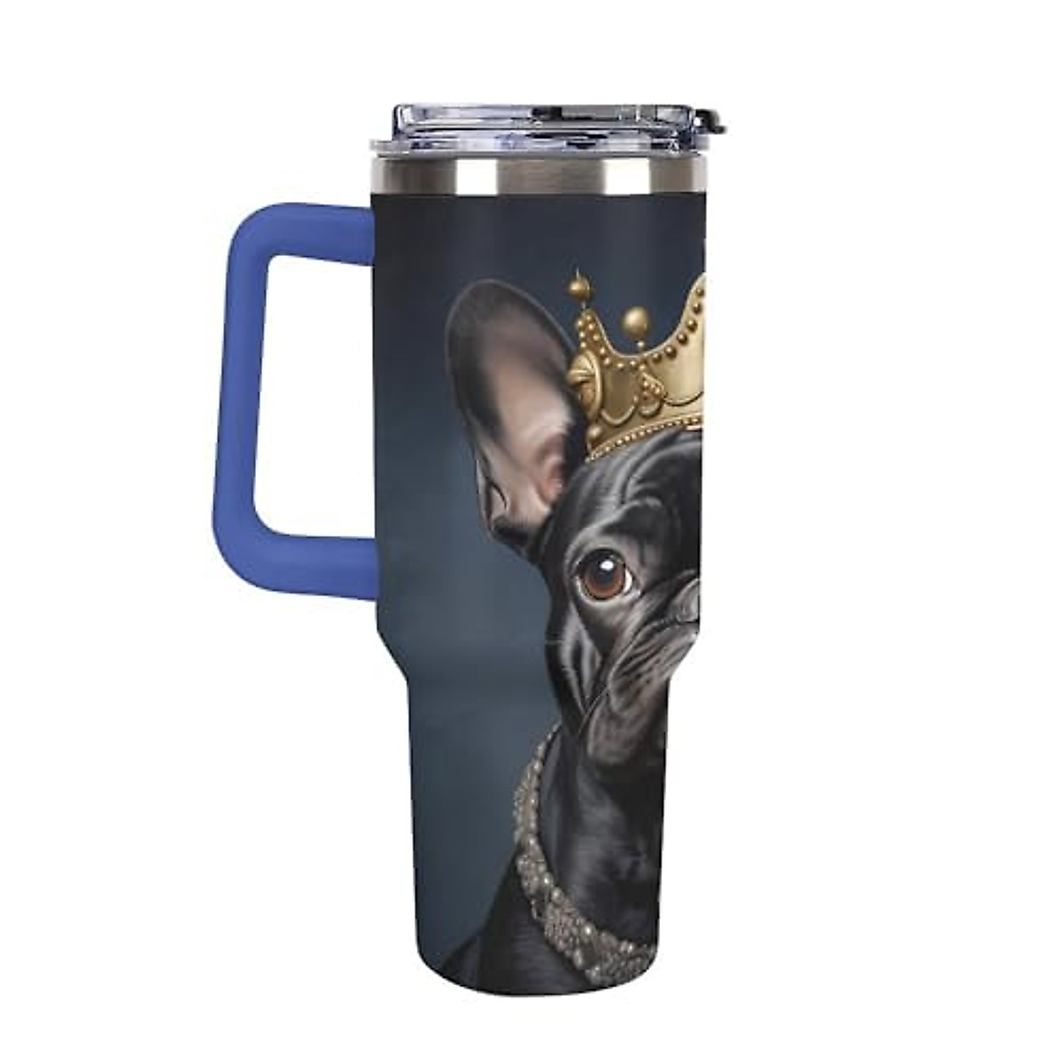 Funny French Bulldog Frenchie with A Golden Crowness 40 Oz Car Cup Stainless Steel Travel Mug Leak-Proof Insulated Tumbler with Handle Deep Blue-style