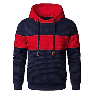Qichic Mens Casual Pullover Hoodies Long Sleeve Hooded Sweatshirts Navy Red XL