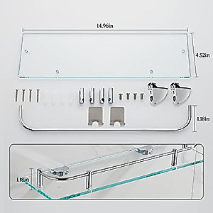 VASUHOME 2 Tier Bathroom Glass Shelves, Tempered Glass Bathroom Wall Organizer with Silver Guardrail, and 2 Metal Hooks - Wall Mounted Rectangular Shelves for Storage and Display