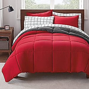 Serta Simply Clean Complete 7 Piece Hypoallergenic Reversible Bed in a Bag with Sheets and Pillow Cases for All Season, Queen, Red/Grey
