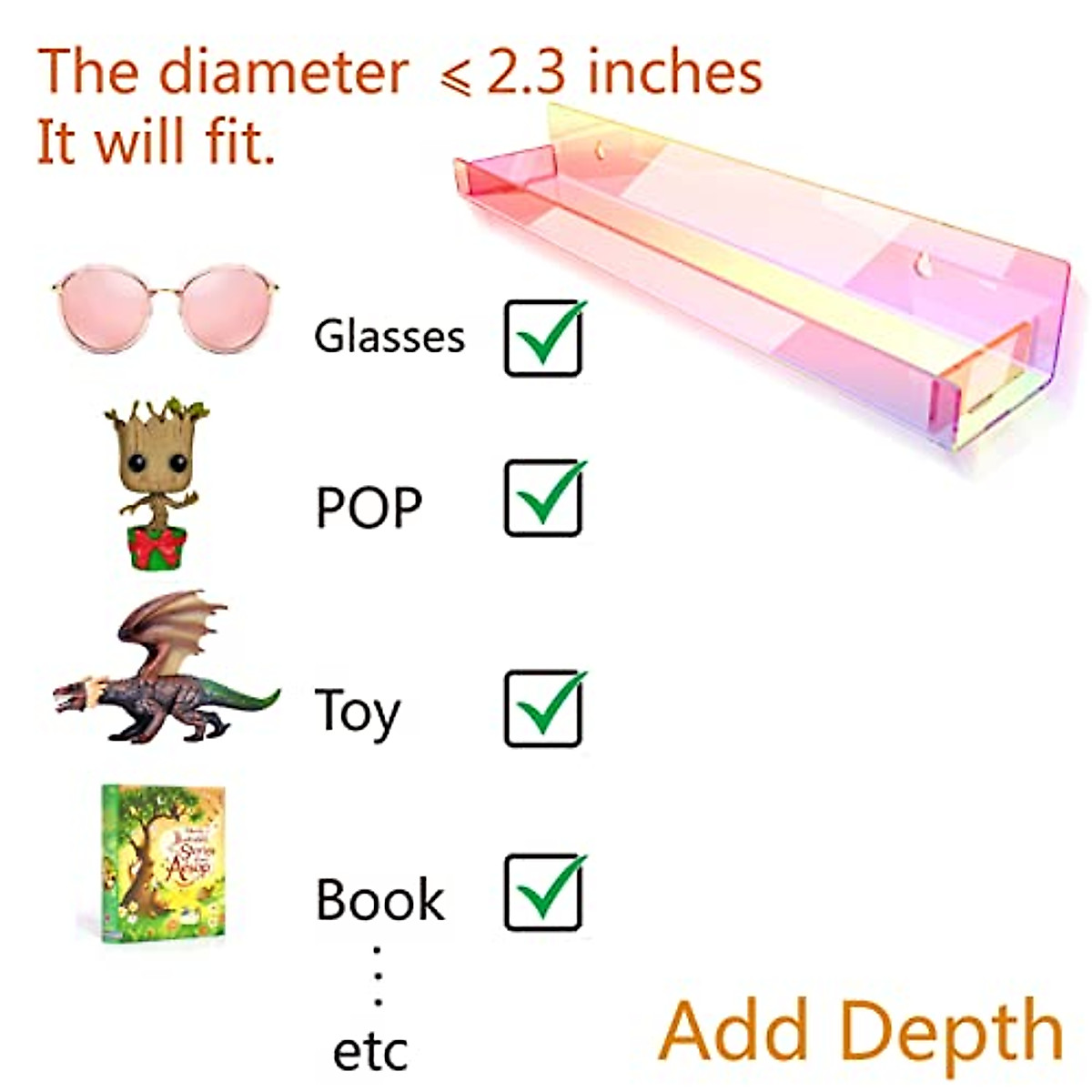 RORKIM 4 Pack Nail Polish Rack Wall Mounted Shelves,Clear Rainbow Iridescent Acrylic Nail Polish Holder Organizer Display,Book Shelves Sunglasses Essential Oil Storage Shelf