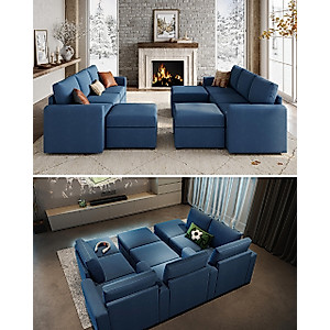 LINSY HOME Modular Sectional Sofa, Oversized Sectional Couch with Storage, Ottomans, Modular Sectional Sleeper Sofa with Memory Foam, 9 Seat U Shape Sofa Set for Living Room, Blue