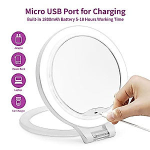 Lighted Magnifying Makeup Mirror, Two Sided 1X/10X Round Vanity Mirror with Adjustable Folding Swiwle Handle, 3 Color Lighting, Rechargeable