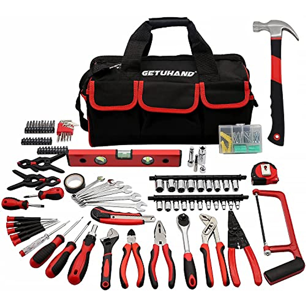 188-Piece Household Tool Kit - GETUHAND General Home/Auto Repair Hand Tool Set, Multi Tool Set with Large Mouth Opening Tool Bag with 15 Pockets