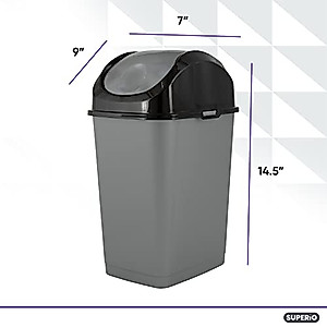 Superio Small 2.5 Gallon Plastic Trash Can with Swing Top Lid, Waste Bin for Under Desk, Office, Bedroom, Bathroom- 10 Qt, Grey/Black