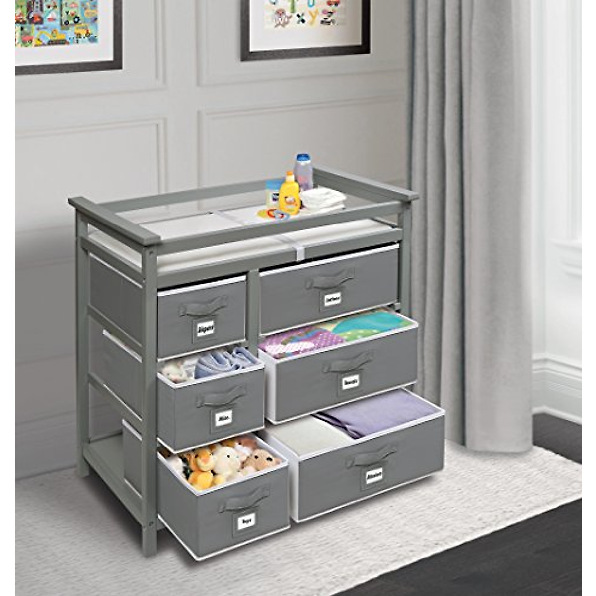 Badger Basket Modern Baby Changing Table with 6 Storage Drawers and Pad - Gray