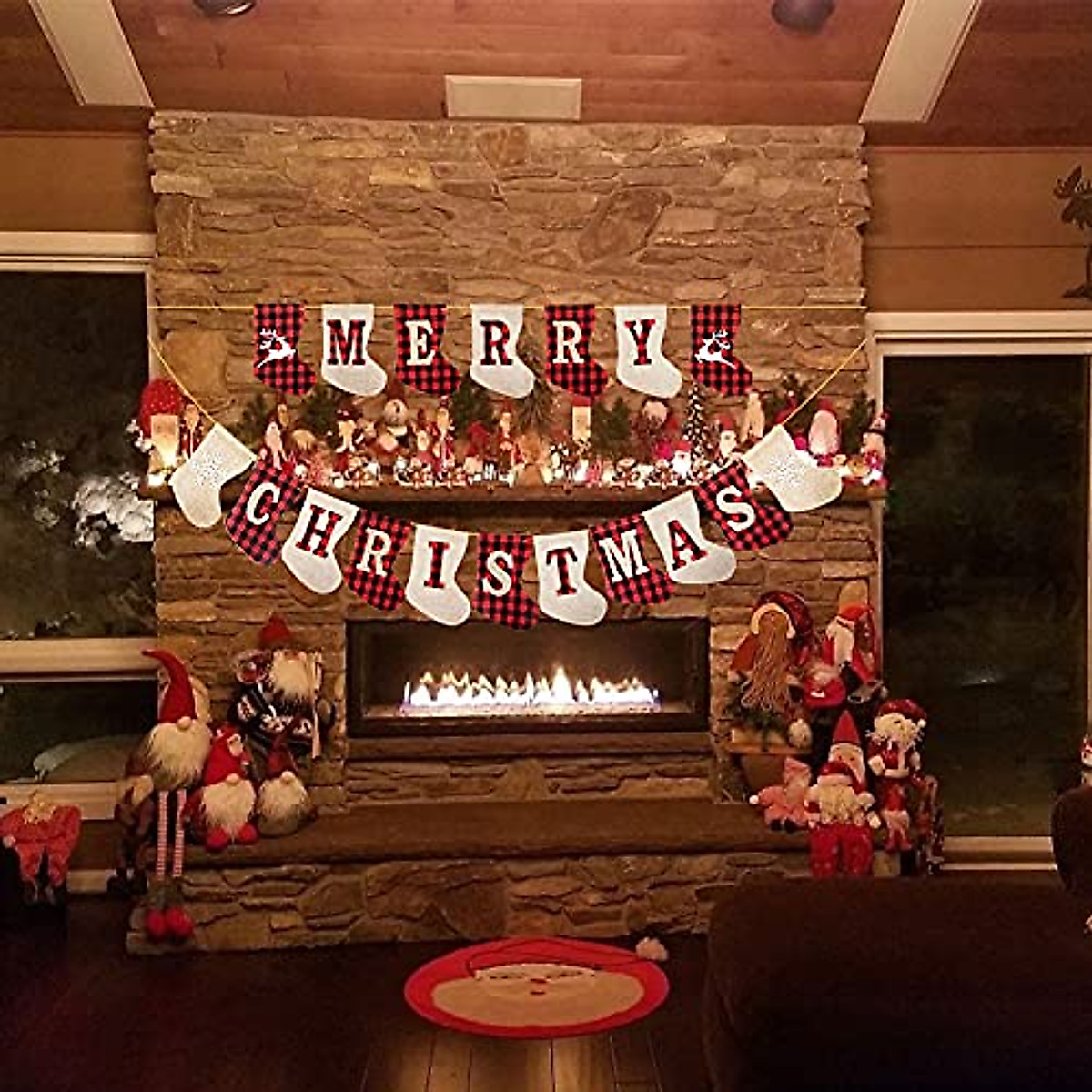 O-heart Merry Christmas Banner, Burlap Stockings Plaid Christmas Decorations, Merry Christmas Sign for Mantel Fireplace Christmas Tree Farmhouse Hanging Decoration Christmas Door Decorations