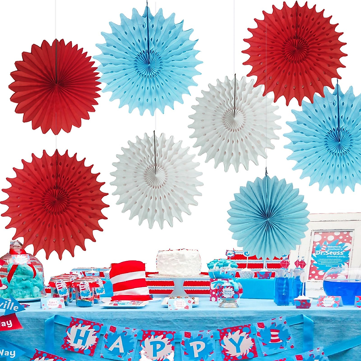 Dr Seuss Cat in The Hat Birthday Decorations Thing 1 and Thing 2 Decorations/Cat in The Hat Baby Shower Decorations/Turquoise Red Tissue Paper Fans for Circus Carnival Birthday Party Decorations