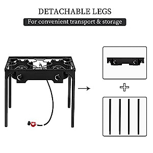 Outvita 2 Burner Propane Gas Stove for Outdoor Cooking, 150,000 BTU Camping Cooker with Removable Legs, Temperature Control Knobs for Backyard Cooking, BBQ, Baking and Frying
