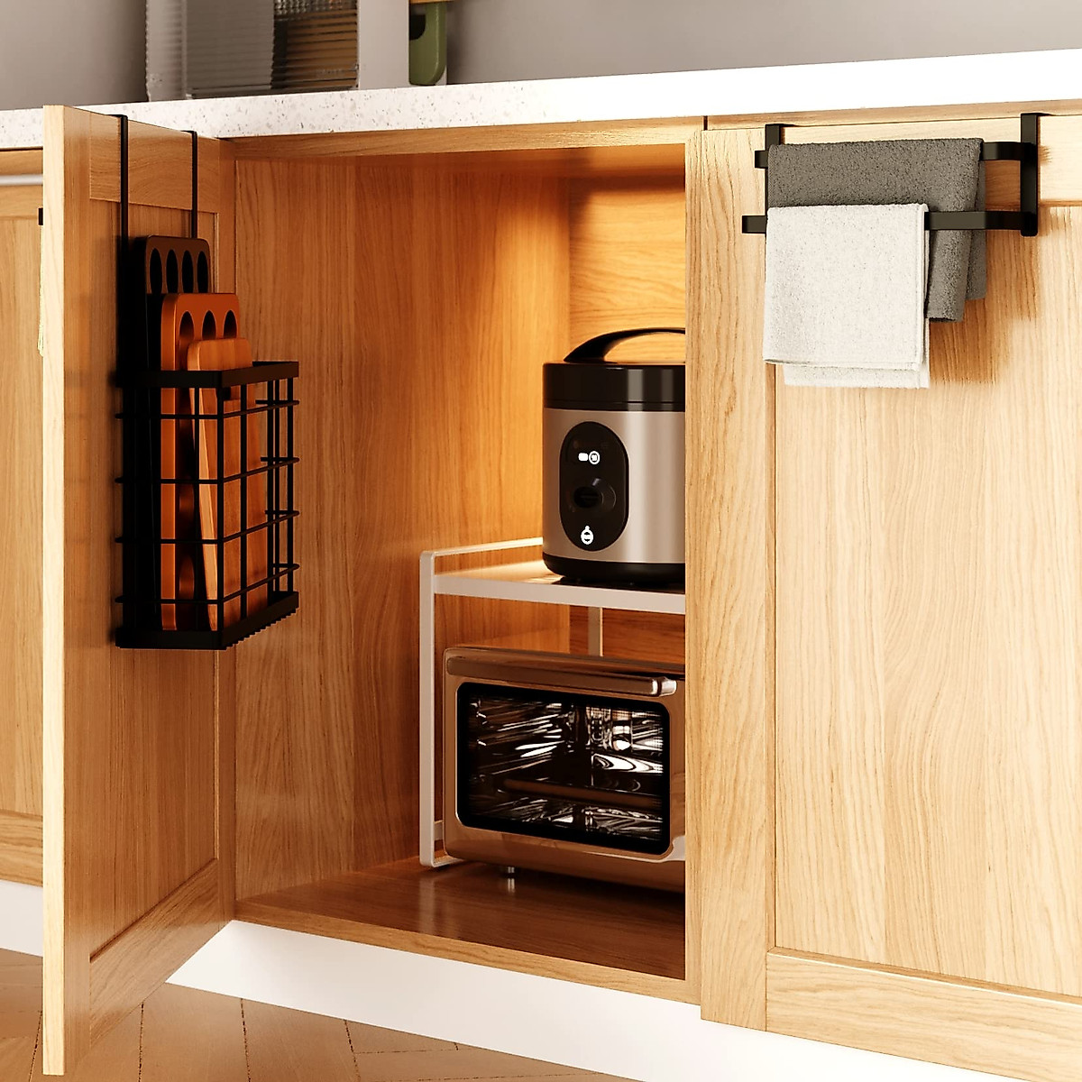 LIVOD 2 Pack Cabinet Door Organizer with 2 Double Towel Bar, Cutting Board Organizer, Kitchen Towel Holder with Foil and Wrap Organizer