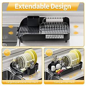 Urackify Extendable Dish Drying Rack, Foldable Dish Rack, Adjustable Dish Drainer for Kitchen - Non-Scratch and Movable Cutlery Holder and Drainage Spout, Black