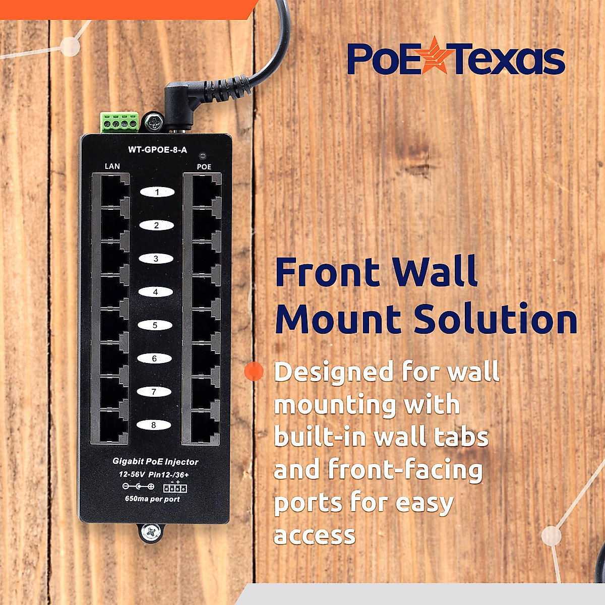 PoE Texas GPOE-8A-48v60w | 8 Port Gigabit Passive PoE Injector for PoE Cameras, IP Phones and WiFi Access Points | Includes 48 Volt 60 Watt Power Supply