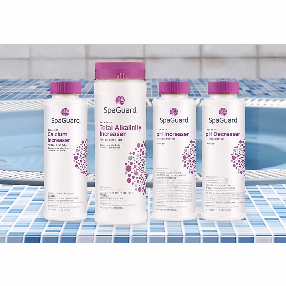 SpaGuard Chemical Balancer Maintenance Kit with Test Strips - Contains Spa Alkalinity Increaser, Calcium Increaser, pH Increaser, pH Decreaser, Scum Absorber, Test Strips & Hot Tub Care Log Book