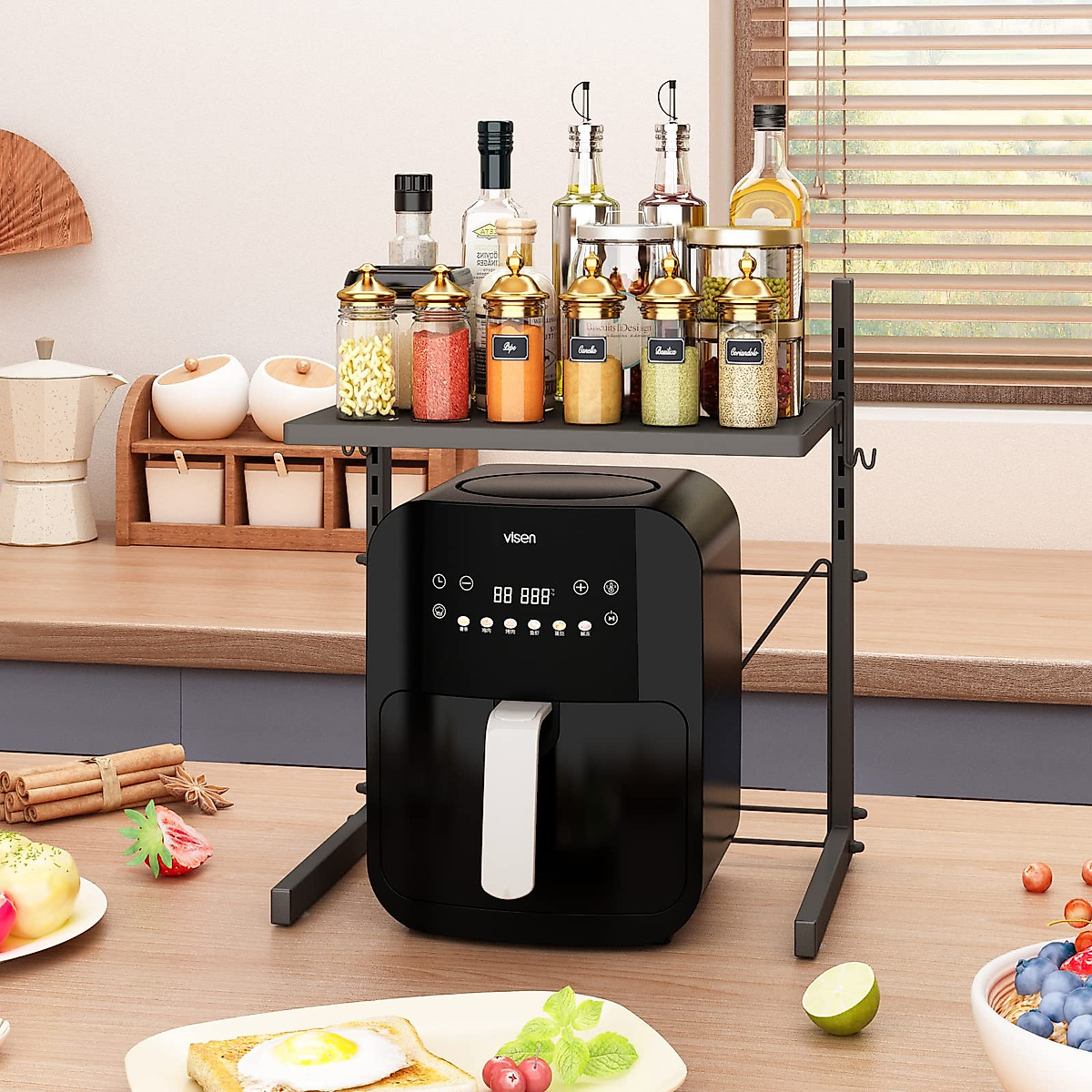 Kitchen Countertop Organizer Coffee Stand Station Kitchen Pantry Storage Cabinet Adjustable Shelf with Hooks Kitchen Appliance Storage for Air Fryer Rick Cooker