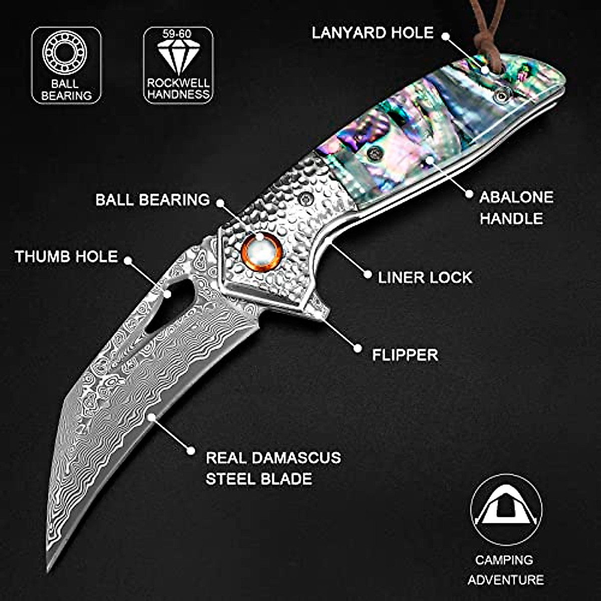 KOMWERO Damascus Pocket Knife for Men, VG10 Core Damascus Steel Folding Knife with Ball Bearing, Liner Lock, Abalone Shells Handle, Leather Sheath, Sharp EDC Knife for Gift Collection