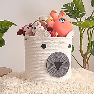 VK Living Cotton Rope Bear Animal Basket Foldable Large Woven Storage Basket Baby Nursery Cute Laundry Hamper for Toys,Blanket, Towels Clothes in Bedroom Living Room White