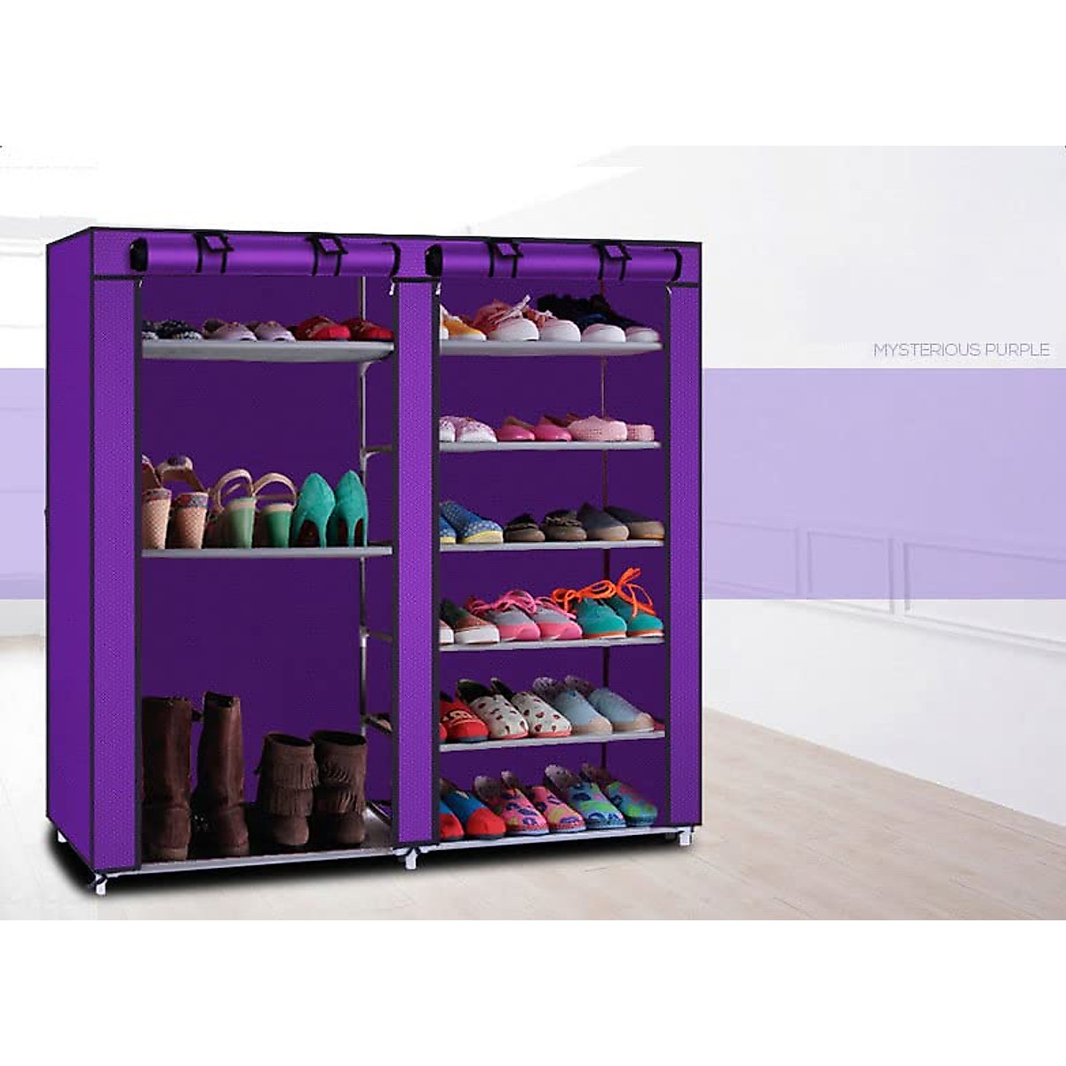 GOODSILO 6 Layer Dual Row 9 Shelf Shoe Rack Storage Organizer Shoe Shelves Closet Cabinet with Dustproof Cover for Bedroom, Wardrobe, Hallway, Entryway Purple